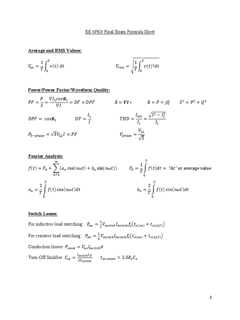 Final Exam Formula Sheet | PDF | Power Inverter | Power Electronics