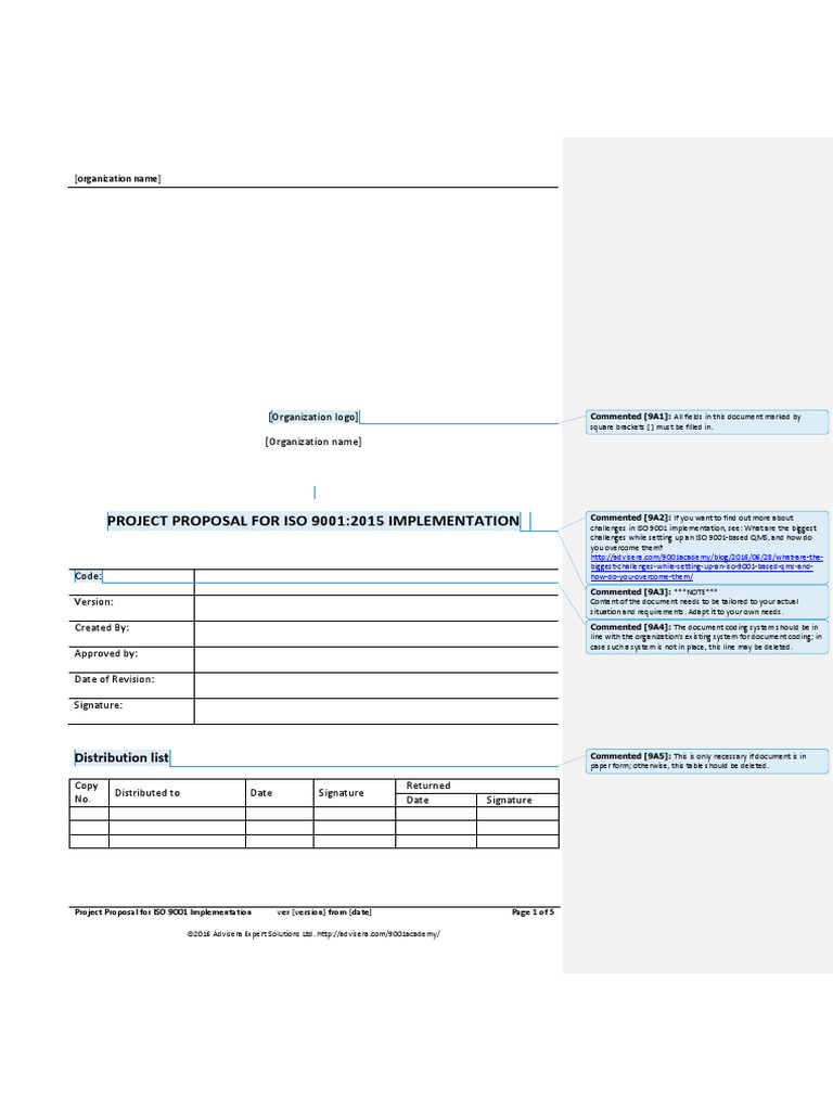 Project Proposal For Iso 9001:2015 Implementation: (Organization Name ...
