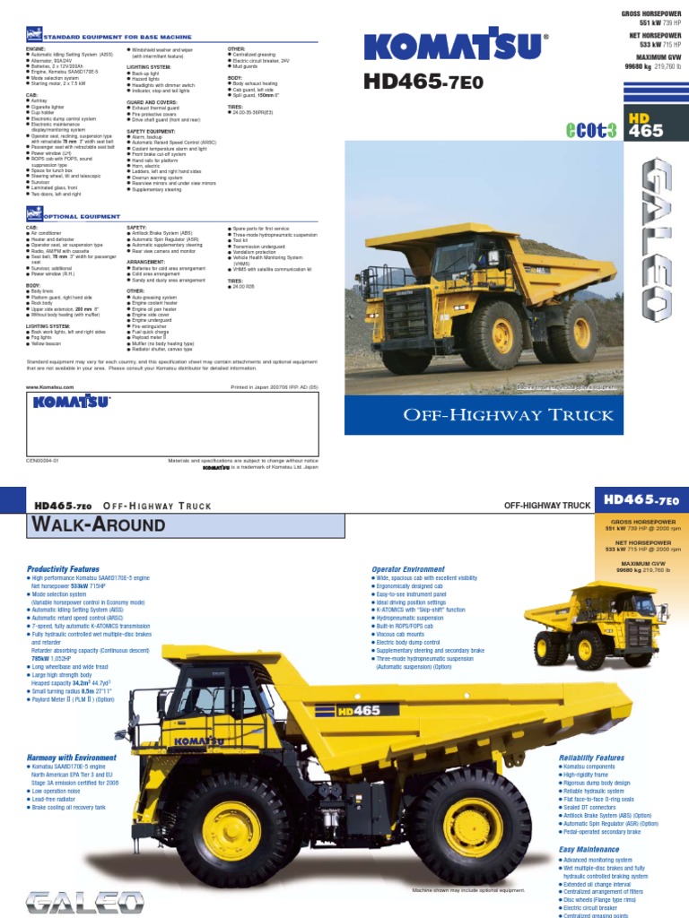 Komatsu HD465-7E0 Specifications | PDF | Truck | Anti Lock Braking System