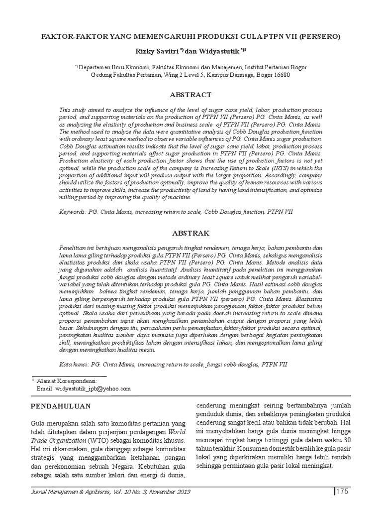 Faktor-Faktor Yang Memengaruhi Produksi Gula PTPN Vii (Persero) Rizky Savitri Dan Widyastutik ...