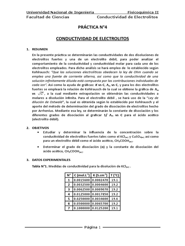 Conductividad de Electrolitos | PDF | Resistividad Eléctrica y Conductividad | Concentración