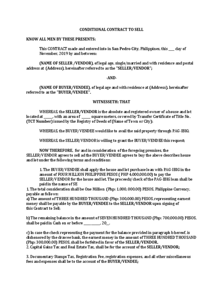 Conditional Contract To Sell | PDF | Title (Property) | Sales