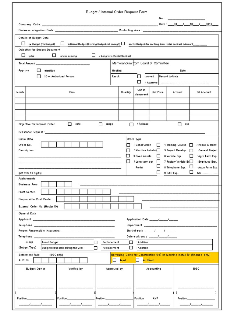 Budget / Internal Order Request Form: Details of Budget Data Objective ...