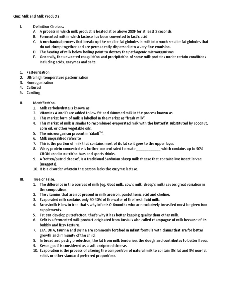 Milk and Milk Products Quiz | PDF | Milk | Food And Drink