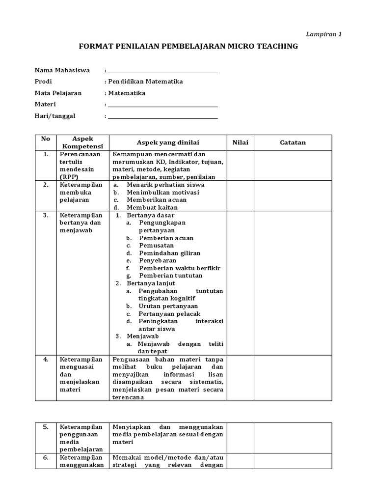 Format Penilaian Pembelajaran Micro Teaching | PDF