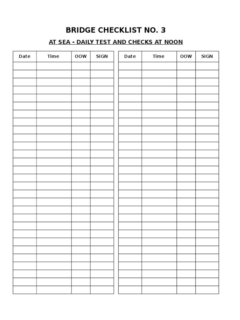 Bridge Checklist No. 3: at Sea - Daily Test and Checks at Noon | PDF