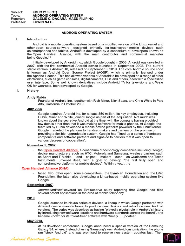Android Operating System: EDUC 213 (ICT) Android Operating System Galelie C. Dacara, Maed ...