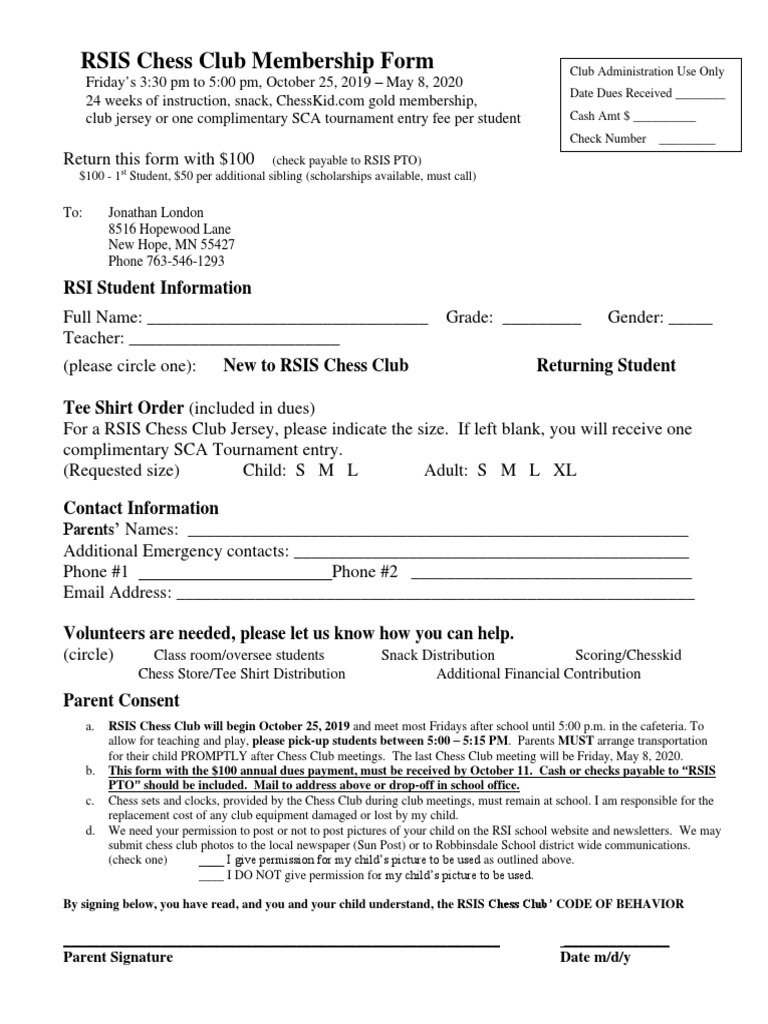RSIS Chess Club Membership Form | PDF | Chess | Learning