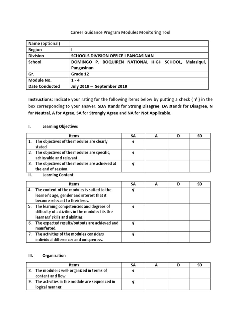 Career Guidance Program Modules Monitoring Tool: I. Learning Objectives ...