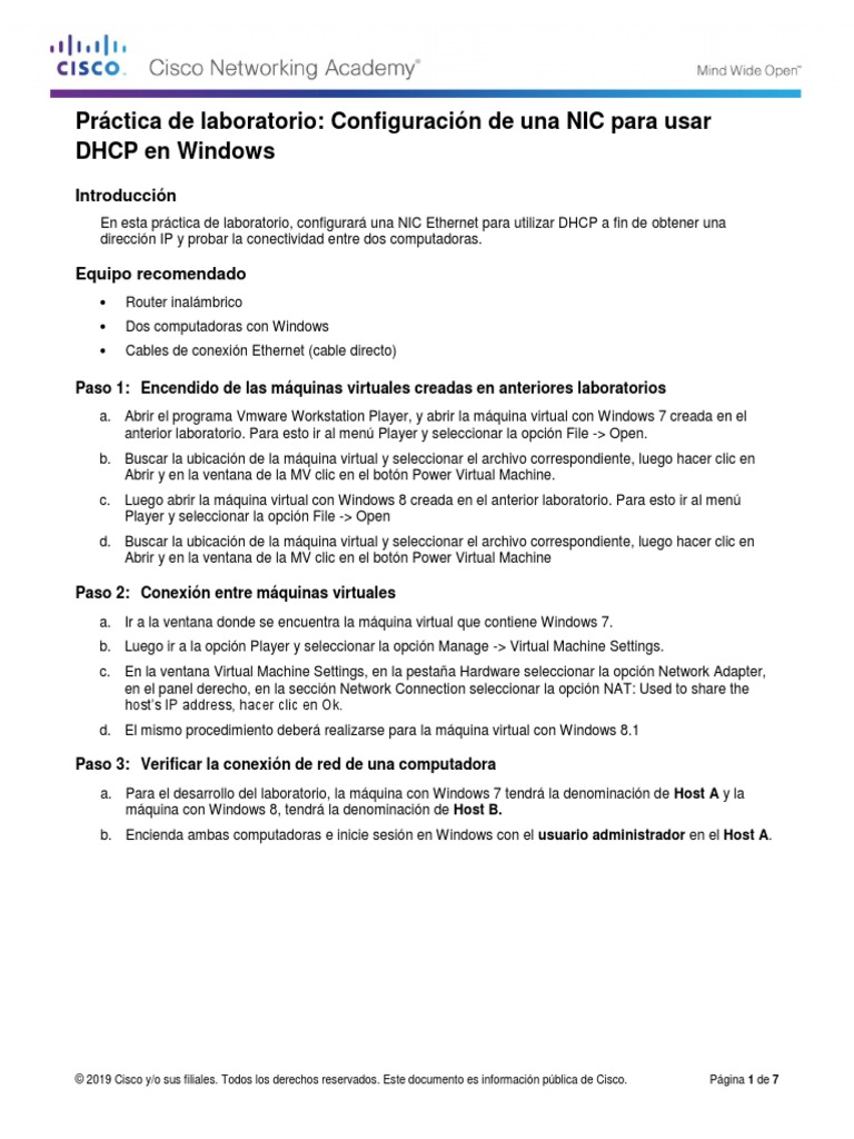 7.4.1.11 Lab - Configure A NIC To Use DHCP in Windows | PDF | Dirección IP | Protocolos de internet