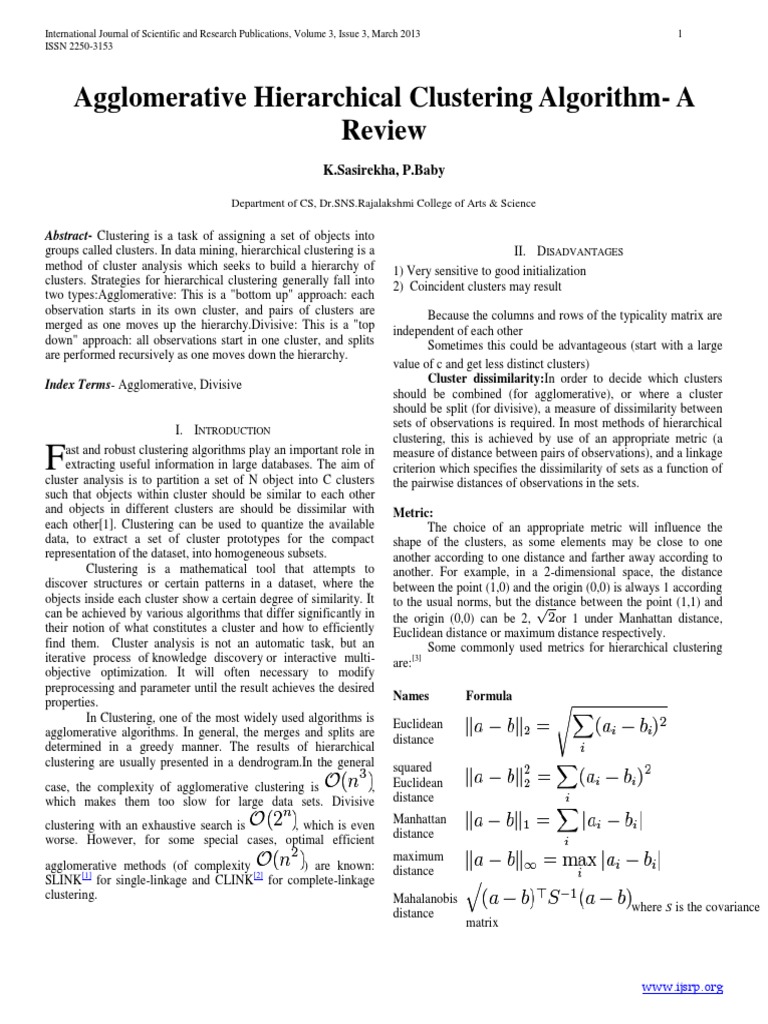 Agglomerative Hierarchical Clustering Algorithm-A Review: K.Sasirekha ...