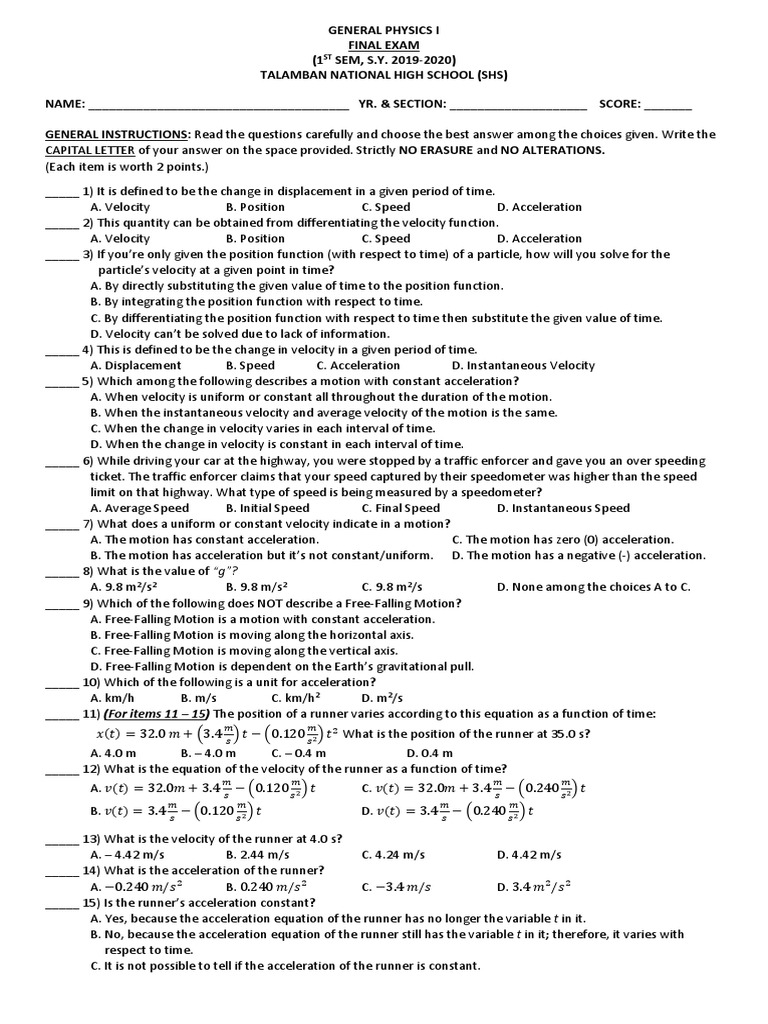 Gen Physics 1 - Final Exam | PDF | Velocity | Acceleration