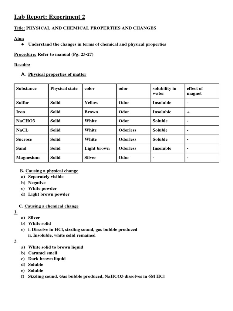 Lab Report: Experiment 2: Understand The Changes in Terms of Chemical ...