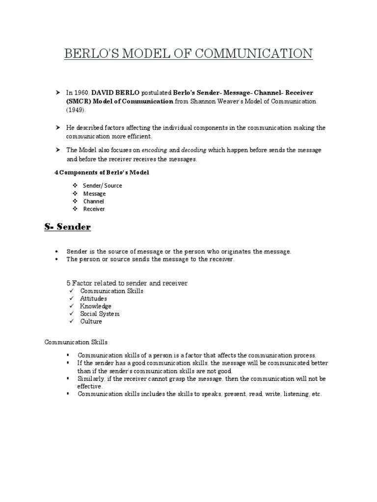 Berlo'S Model of Communication | PDF | Action (Philosophy) | Communication