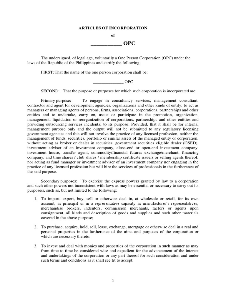 Sample Articles of Inc - One Person Corporation | PDF | Securities ...