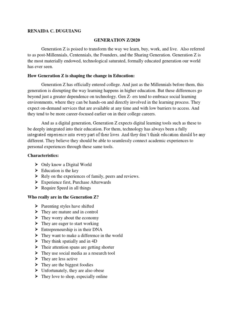 Renaida C. Duguiang Generation Z/2020 | PDF | Entrepreneurship | Learning
