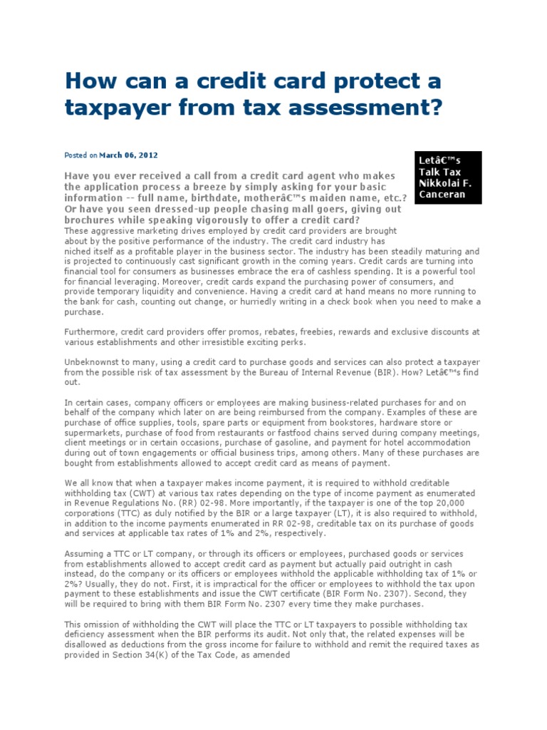 Credit Cards as Tax Protection Tools | PDF | Credit Card | Taxpayer