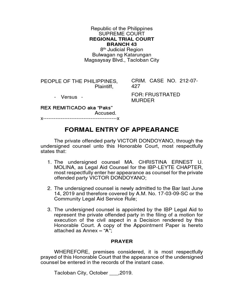 Entry of Appearance | PDF | Justice | Crime & Violence