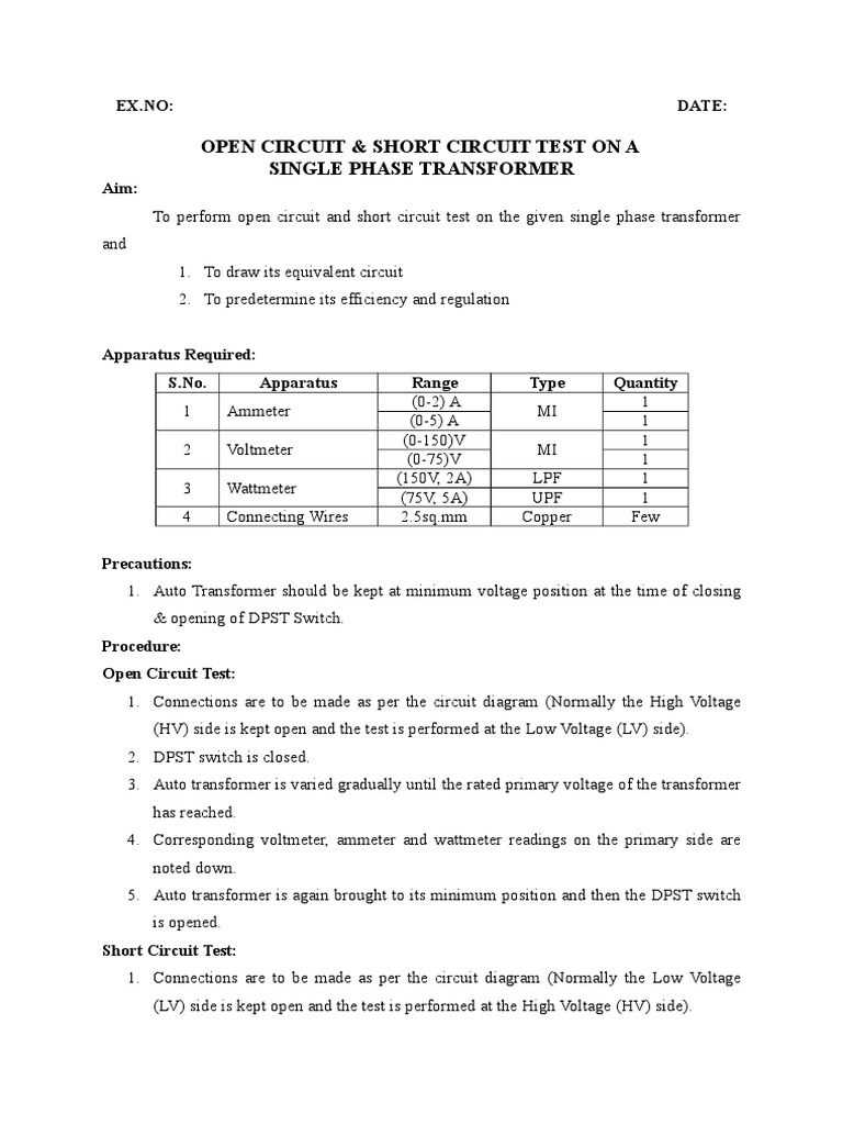 Open Circuit & Short Circuit Test On A Single Phase Transformer | PDF ...