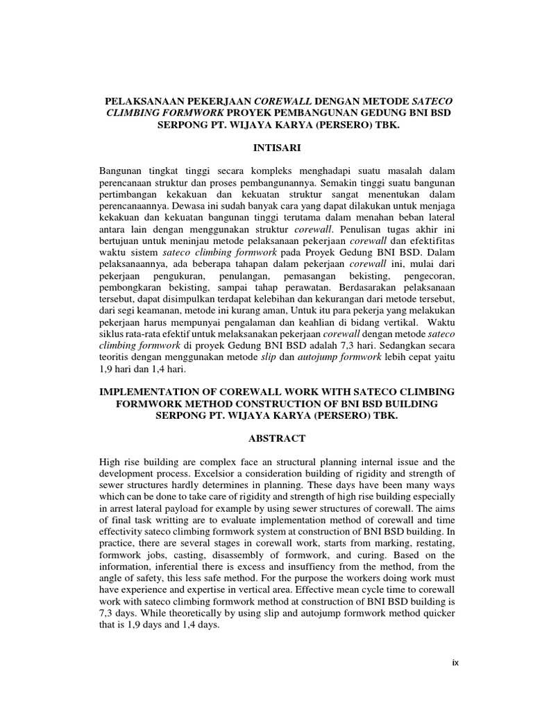 Pelaksanaan Pekerjaan Corewall Dengan Metode Sateco Climbing Formwork | PDF