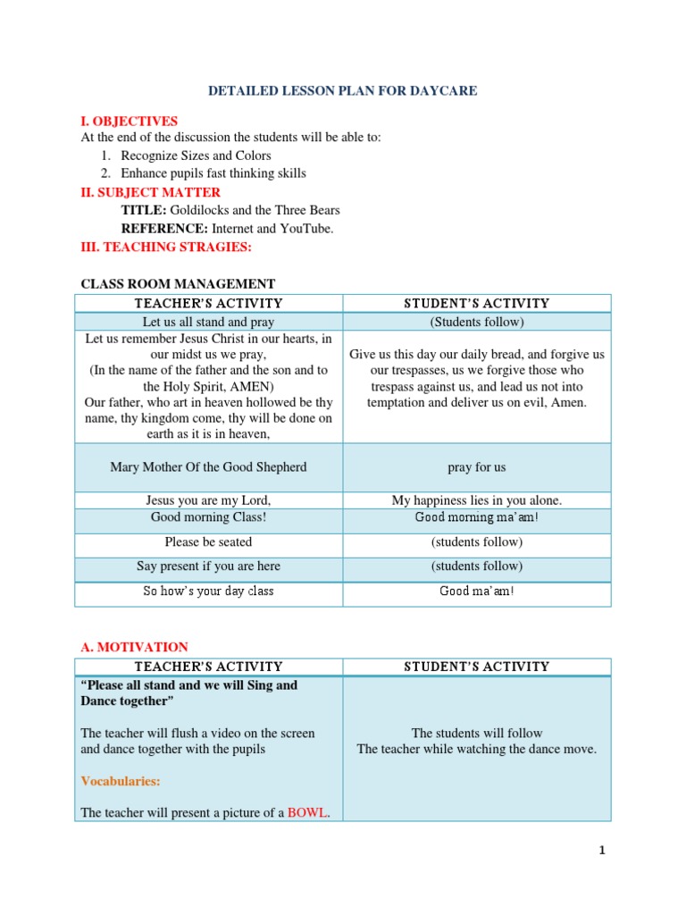 Lesson Plan For Age 2 4 | PDF | Goldilocks And The Three Bears