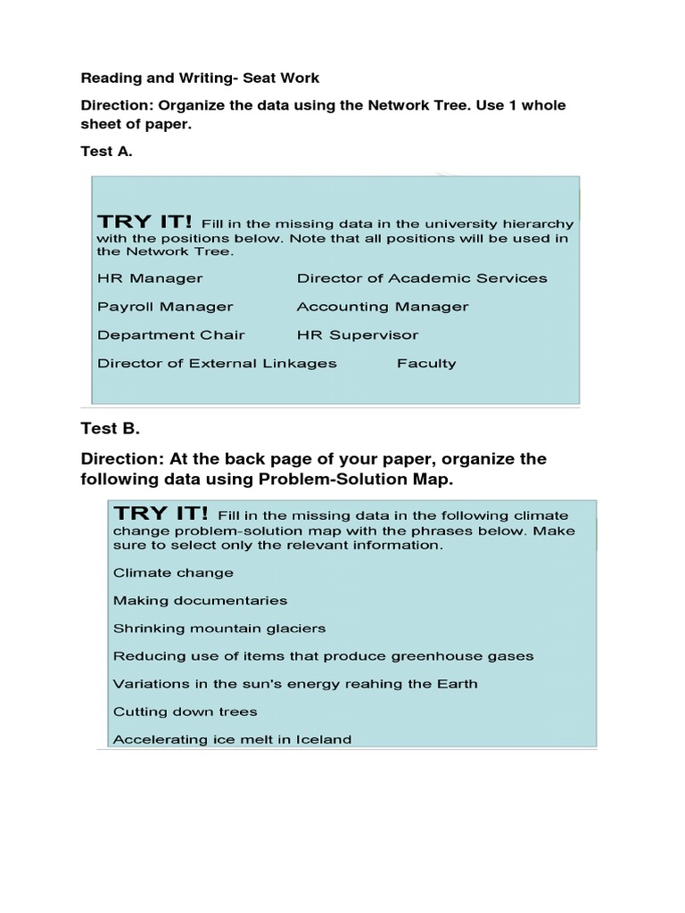 Reading and Writing-Seat Work Direction: Organize The Data Using The ...