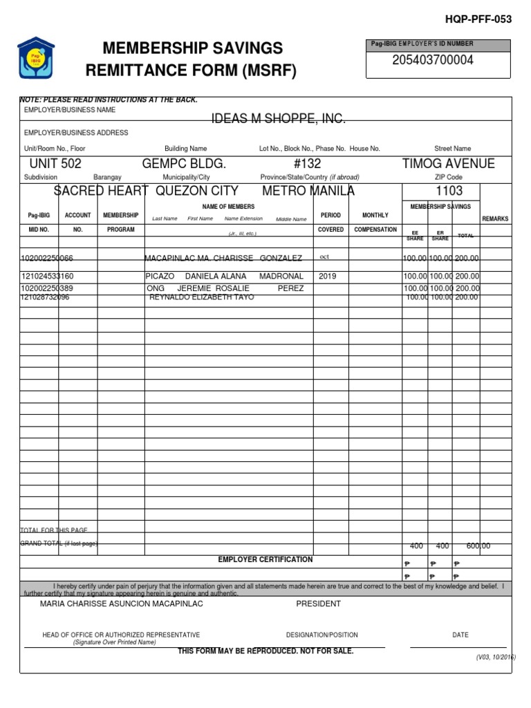 Membership Savings Remittance Form (MSRF) : HQP-PFF-053 | PDF
