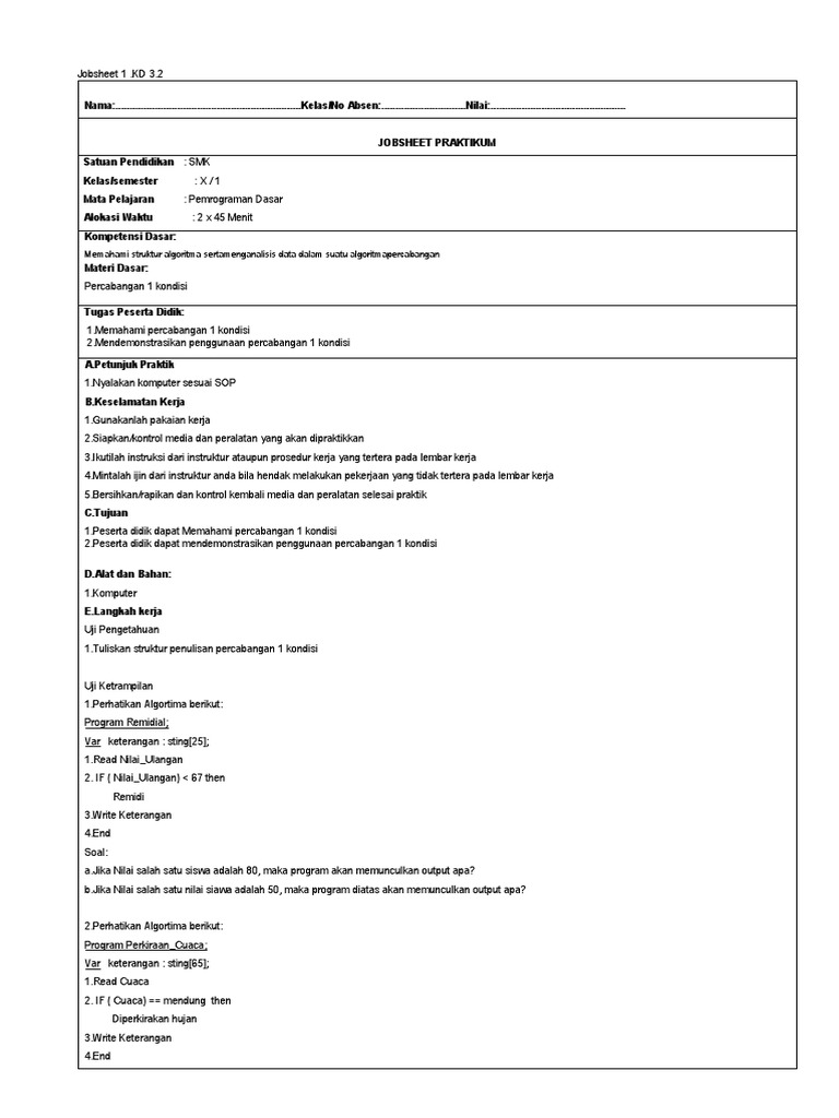 Job Sheet Pemrograman Dasar | PDF