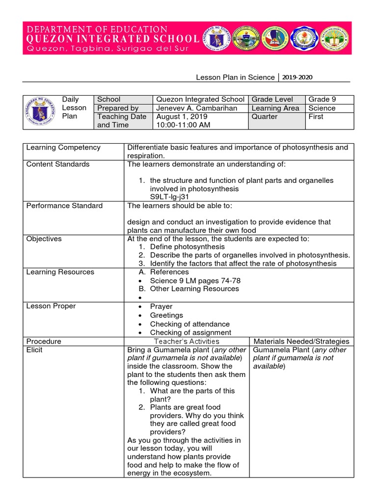 Lesson Plan in Science 9 1st Quarter | PDF | Lesson Plan | Photosynthesis