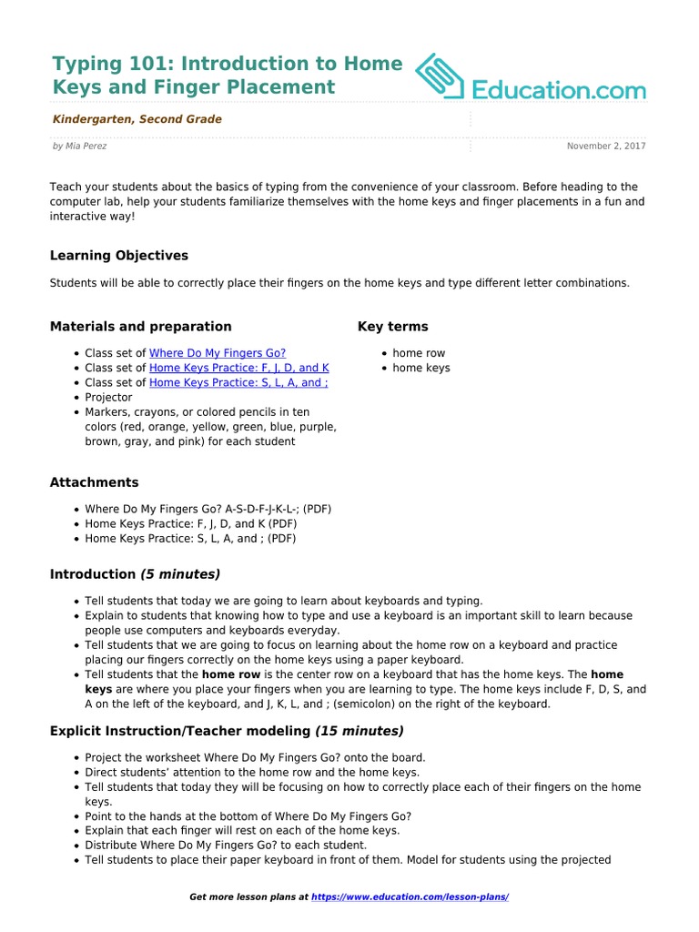 Typing 101 Introduction To Home Keys and Finger Placement | PDF ...