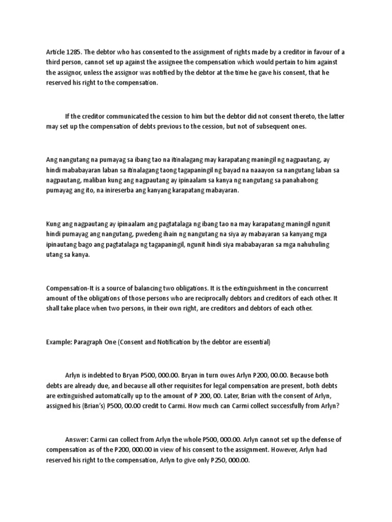 Article 1285 | PDF | Assignment (Law) | Debtor