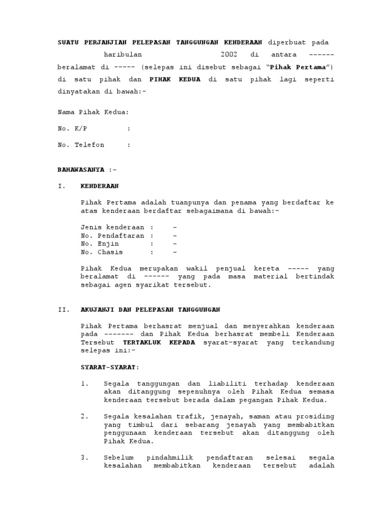 Contoh Indemnity Kereta - Serah Kereta KPD Ejen Utk Jual | PDF