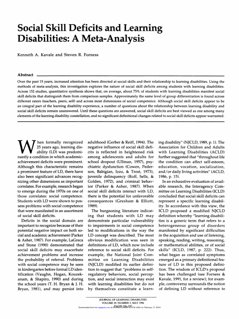 Social Skill Deficits and Learning Disabilities: A Meta-Analysis | PDF ...
