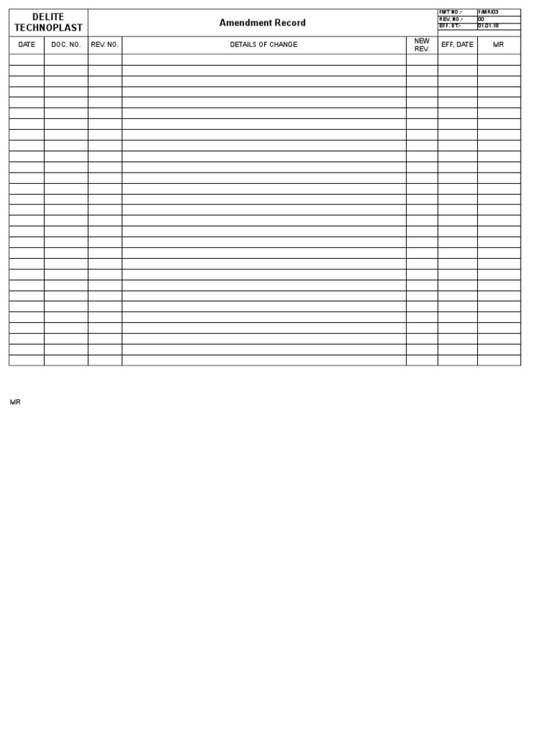 Amendment Record Delite Technoplast: Date Doc. No. Rev. No. Details of ...