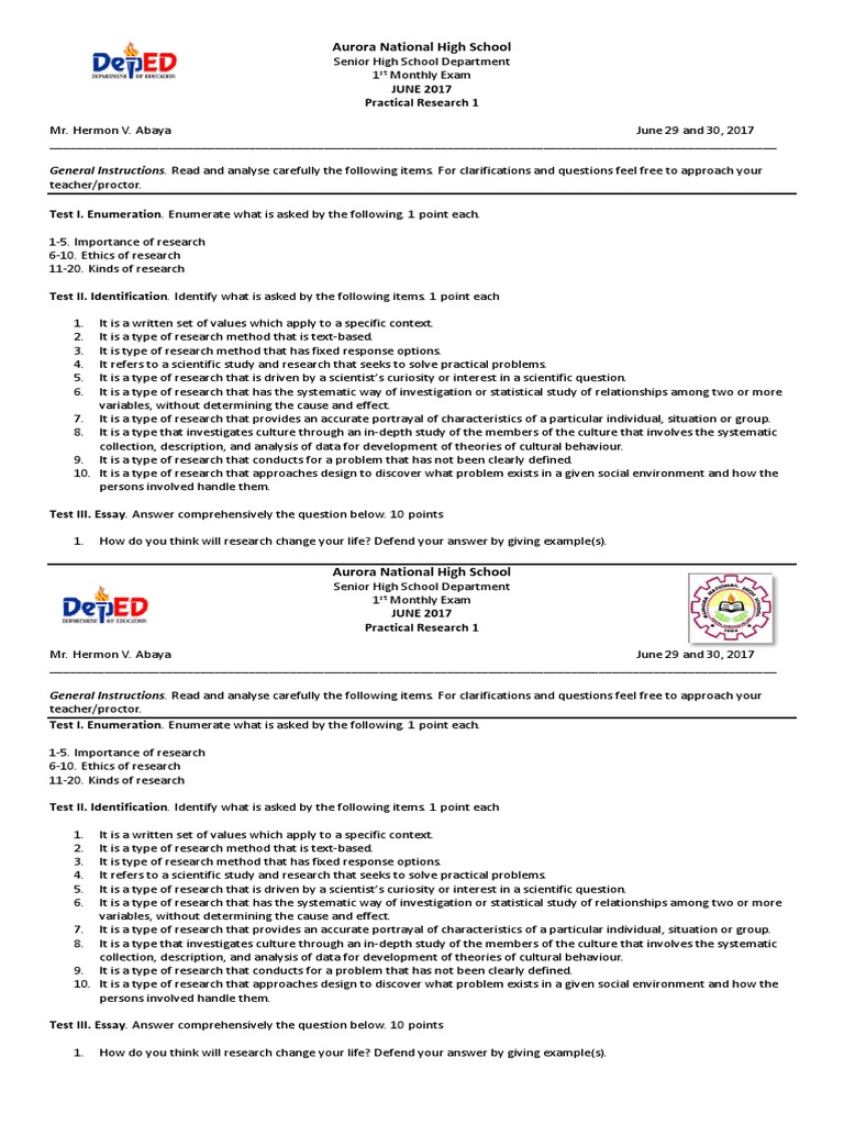 First Monthly Exam Practical Research | PDF | Scientific Method | Test ...