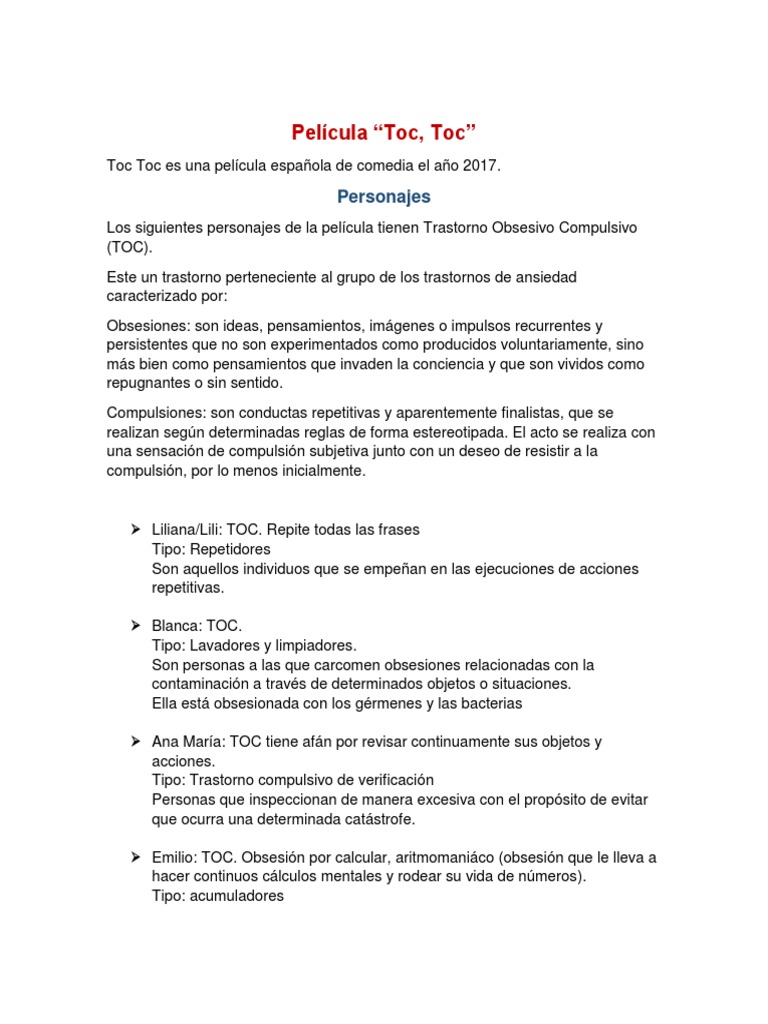 Analisis Pelicula TOC TOC | PDF | Desorden obsesivo compulsivo | Síndrome de Tourette