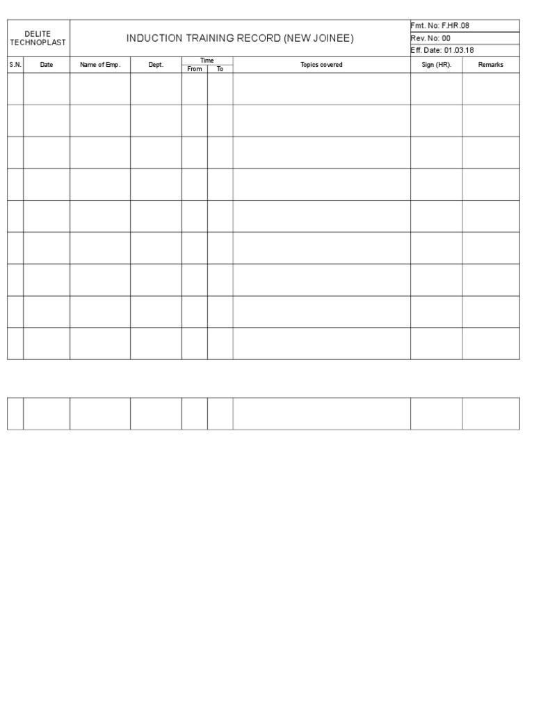 Induction Training Record Template | PDF