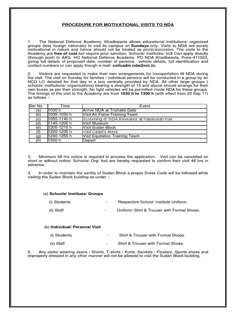 Procedure For Motivational Visits To Nda | PDF | Dress Codes ...
