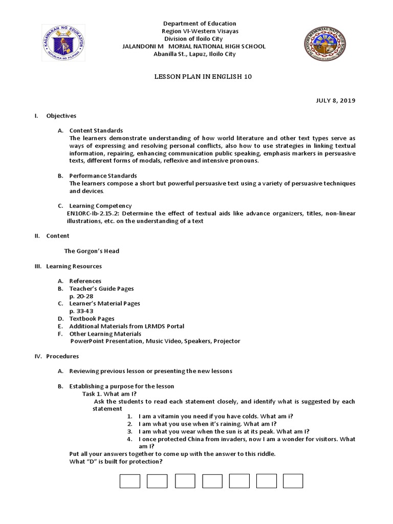 DLP 1st Cot July 4, 2019 - The Gorgon's Head | PDF | Medusa | Question