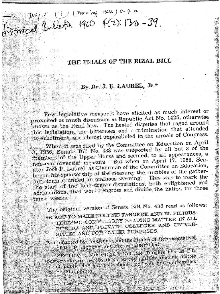 Laurel JB. The Trials of The Rizal Bill 2 | PDF