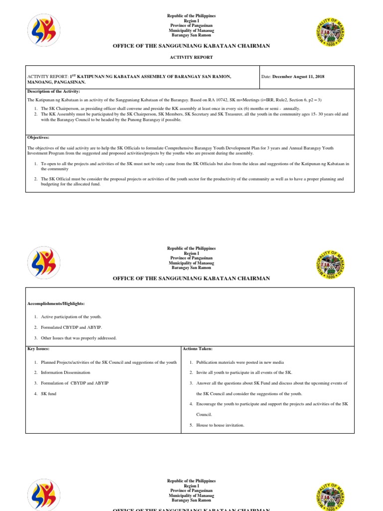 Office of The Sangguniang Kabataan Chairman: Activity Report | PDF ...