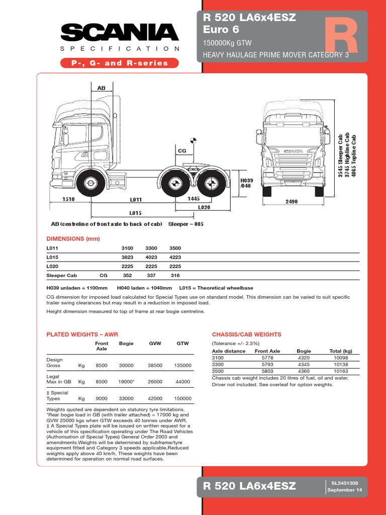 Spec Sheet Scania R520la6x4esz PDF | PDF | Truck | Steering