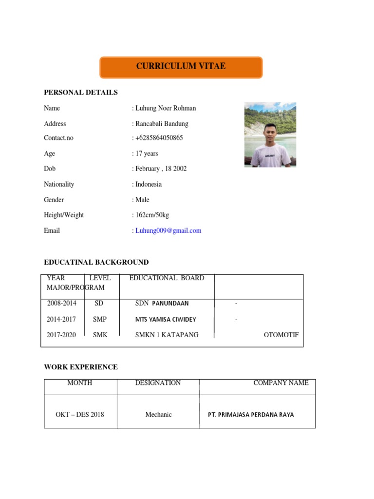 Aspiring Mechanic Seeks New Opportunities: Curriculum Vitae of Luhung Noer Rohman | PDF