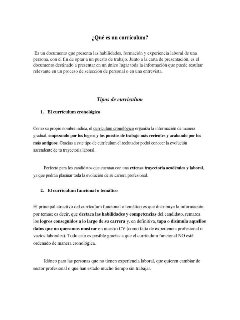 Tipos de Currículum Vitae: Guía Completa | PDF | Plan de estudios ...