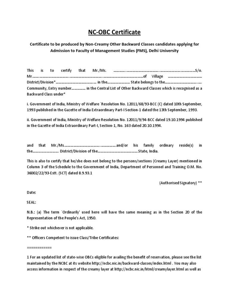 Nc Obc Certificate Pdf Magistrate Government Of India