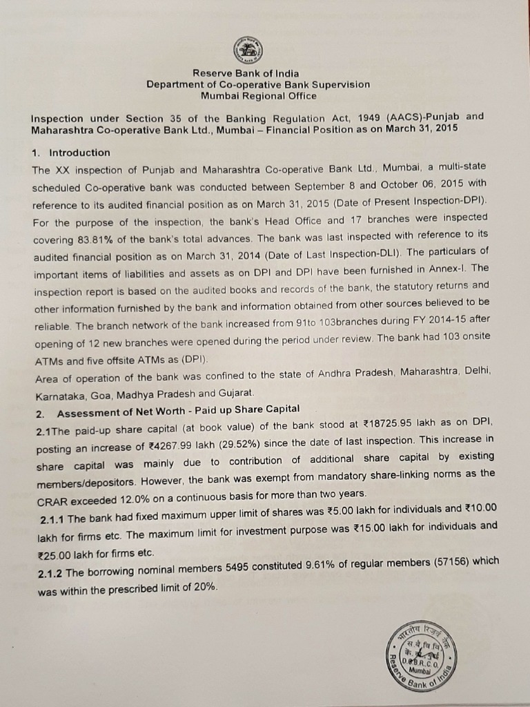 PMC Bank RBI Inspection Report 31 March 2015 | PDF