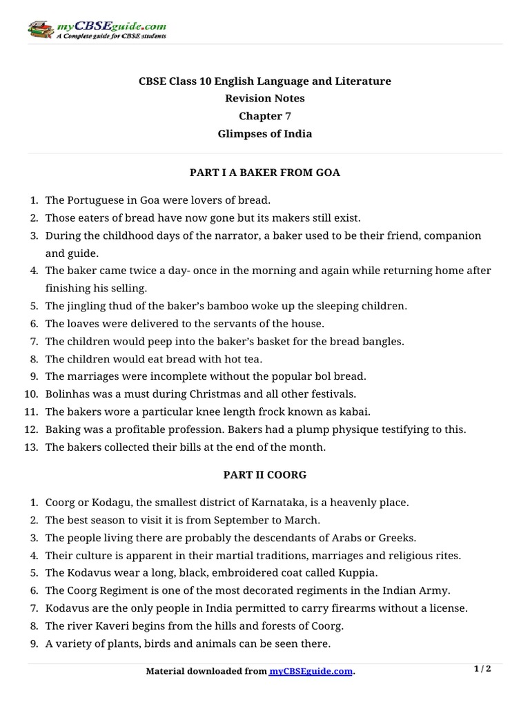 CBSE Class 10 English Language and Literature Revision Notes Glimpses ...