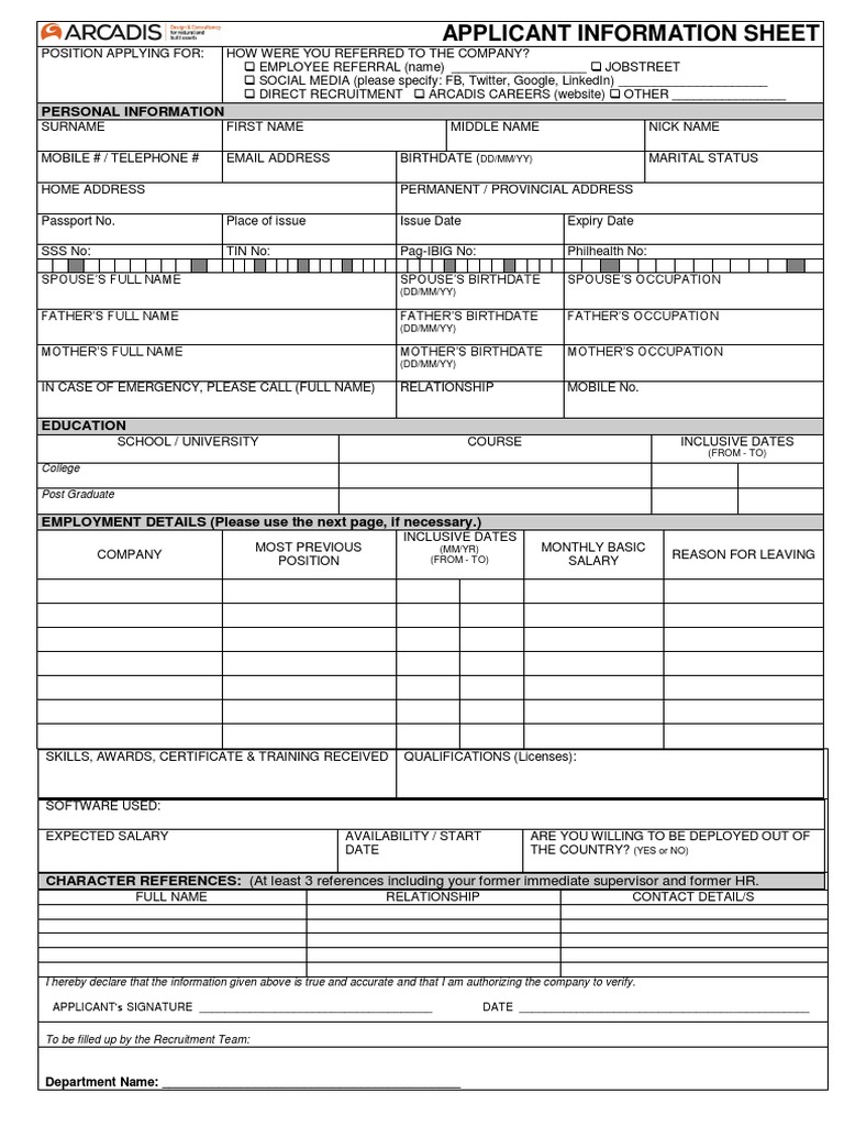 Applicant Information Sheet | PDF | Recruitment | Labour