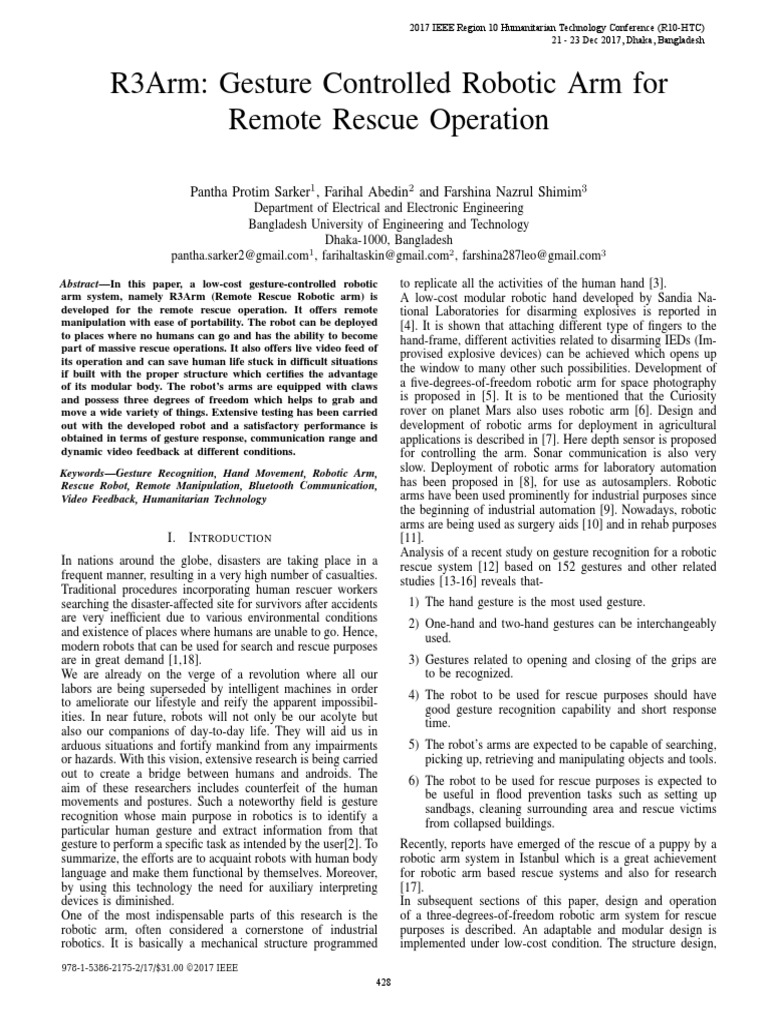 R3Arm: Gesture Controlled Robotic Arm For Remote Rescue Operation | PDF ...