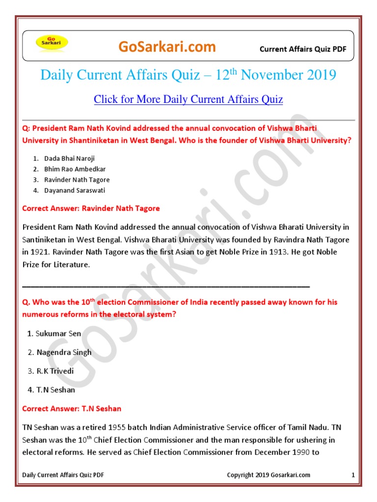 Current Affairs Quiz - 12th November 2019 | PDF | Sports